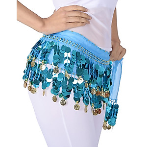 ZLTdream Lady's Belly Dance Film Gong Skirt Hip Scarf Belt Chiffon with Gold Coins Light Blue