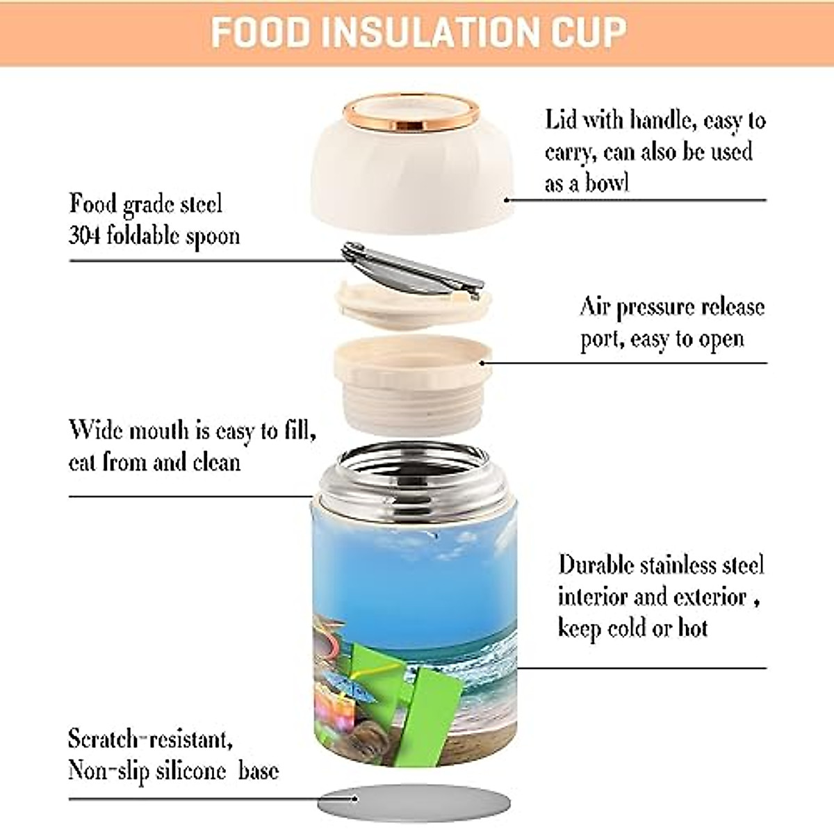 CUPADA Beach Cat Unicorn Food Jar, Tropical Palm Tree Insulated Hot Food Jars Vacuum 17OZ with Folding Spoon for Work Trip Picnic Camping