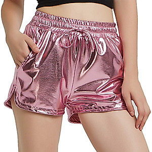 Perfashion Women's Pink Metallic Shorts Summer Shiny Yoga Elastic Waist Pants Matching with Glasses