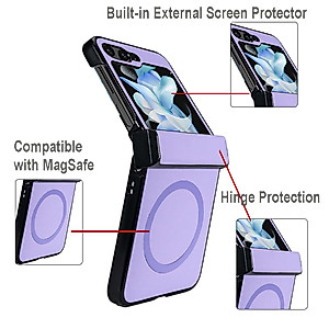 MSOTES for Galaxy Z Flip 5 Case with Hinge Protection, Built-in Screen Protector, Compatible with MagSafe, Luxury Leather Case Full Protection Slim Lightweight for Samsung Galaxy Z Flip5 5G (Purple)