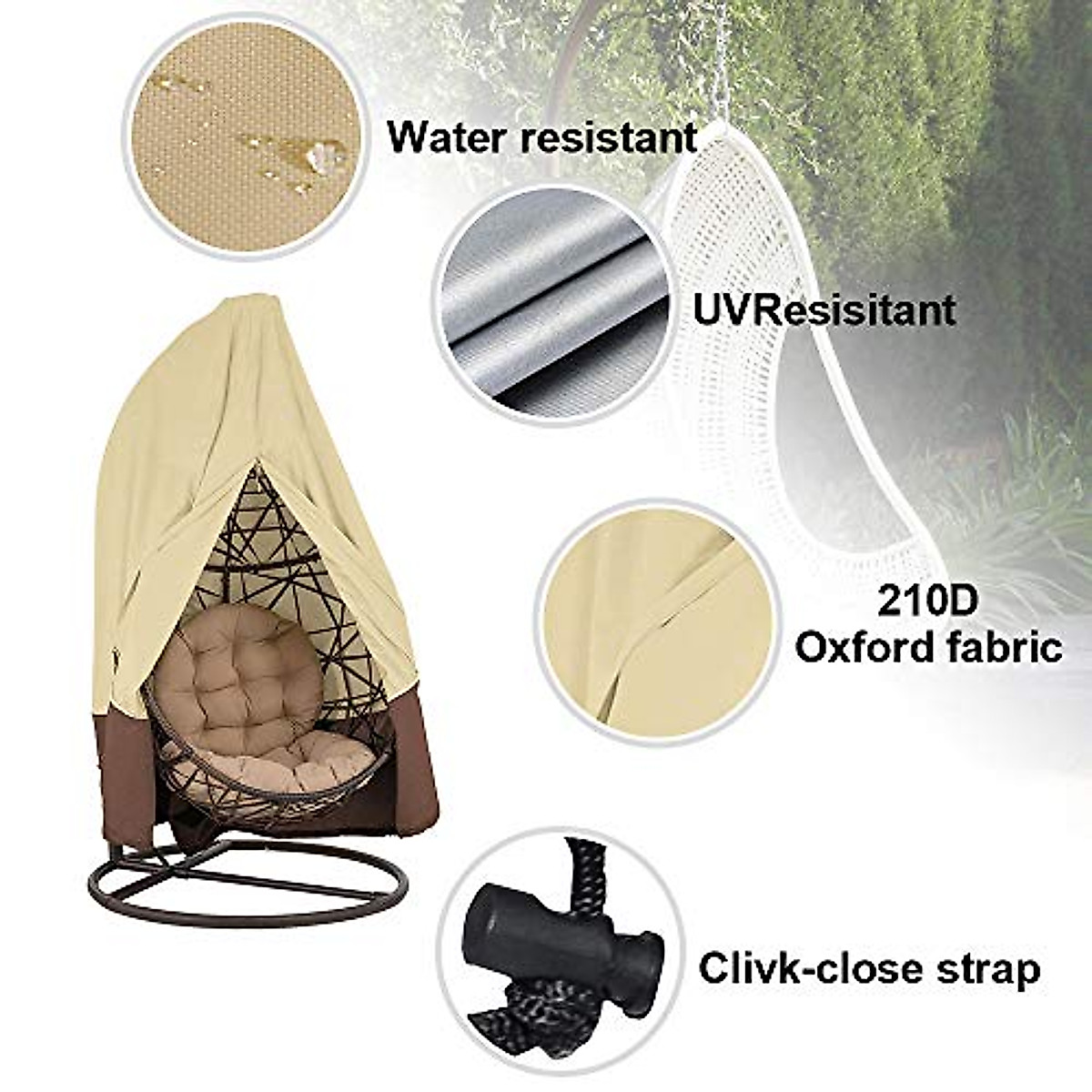 Patio Egg Chair Cover Hanging Swing Chair Covers Waterproof Outdoor Furniture Protector 75in H x 45in D (Beige)