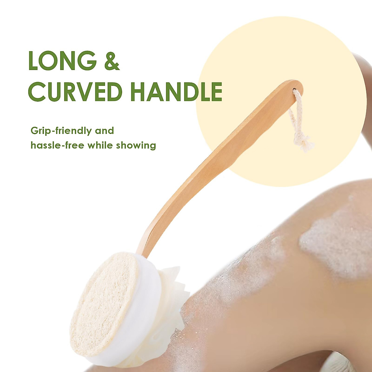 Shower Body Scrubber with Curved Long Handle, Dual-Sided Brush with Soft Mesh and Natural Loofah for Skin Exfoliating, Back Body Exfoliator for Bath