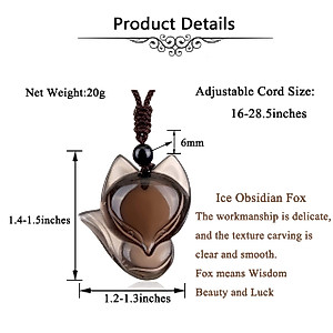 Top Plaza Womens Reiki Healing Crystal Ice Obsidian Gemstone Necklaces Adjustable Lucky Fox Amulet Protection Pendant Necklace Fox Jewelry
