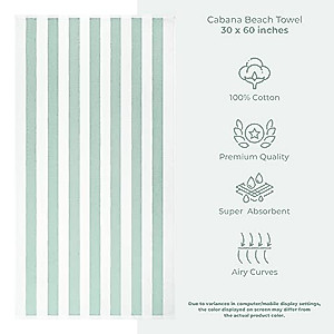 American Soft Linen Beach Towel, Cabana Striped 100% Cotton Pool Towels, 30x60 in Oversized Beach Towels, Soft Absorbent Sand Free Swim Towels, Mint Green
