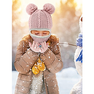 SATINIOR Kid Girls Winter Hat Gloves Set Pink Fleece Lined Warm Ski Mask Earflap Hood Skull Caps Cable Knit Gloves for Cold Weather
