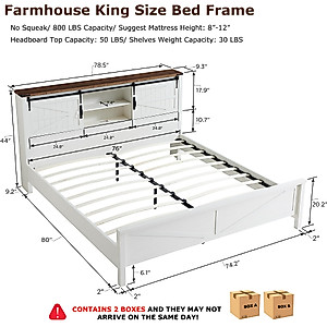 T4TREAM Farmhouse King Size Bed Frame w/Storage Bookcase Headboard, Sliding Barn Door, Charging Station, Rustic Wood Platform Bed w/Wood Slats Support, No Box Spring Needed, Antique White
