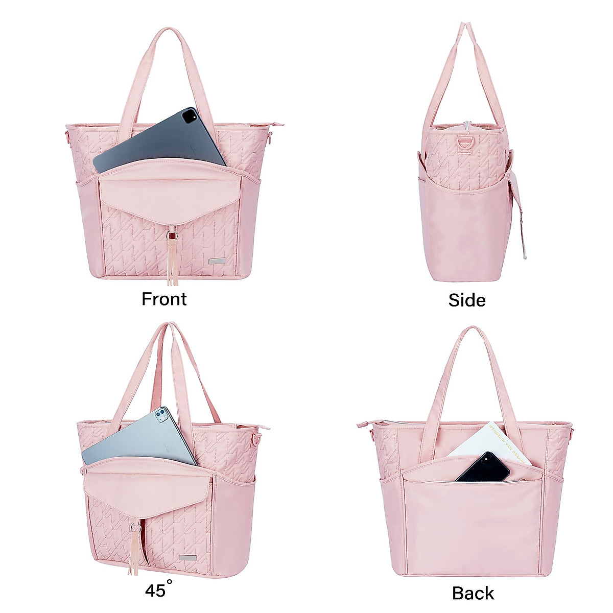 Utility Teacher Tote Bag for Women Work Bags Quilted Large Nurse Tote Bag with Pockets for 15.6" Laptop for Teacher Supplies (Pink)