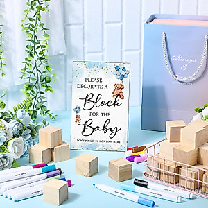 Qilery 75 Pcs Baby Shower Games Sign Kit Including Decorate a Block Game Sign 50 DIY Blank Wooden Block 24 Acrylic Paint Marker Baby Shower Prize for Winners Gender Reveal, Bear (Blue)