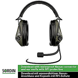 Sordin Supreme MIL CC Slim Active Ear Defenders - Leather Band & Foam Kits - Nexus Radio Downlead - Green Ear Muffs