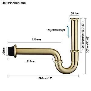 Segistan Bathroom Basin Sink U Shape Trap, Brass Core Adjustable Height 1-1/4 Bottle Trap Basin Sink Waste Drain P Trap, General US/CA Standard, Brushed Gold