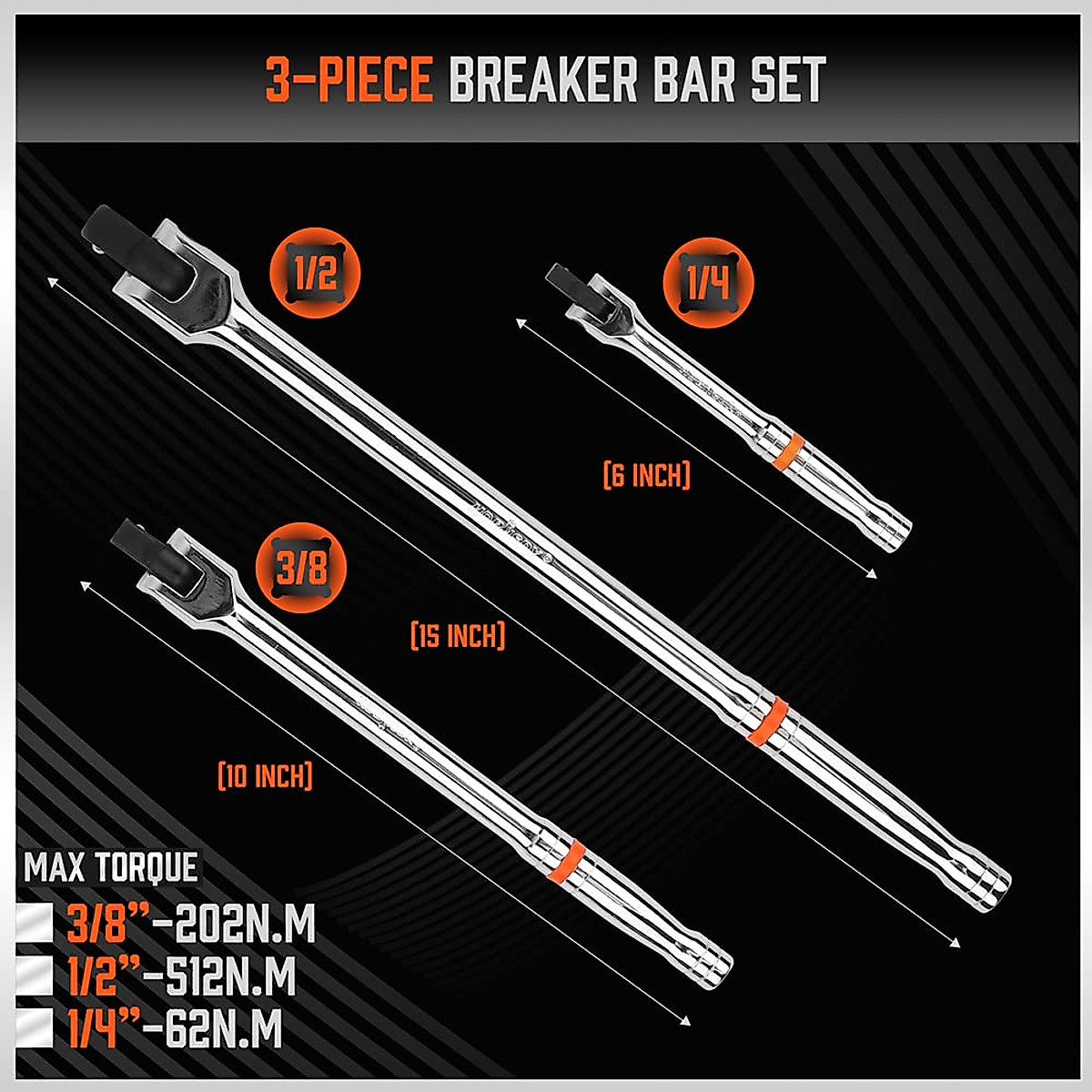 HORUSDY 3-Piece Breaker Bar Set, 1/4'', 3/8'' & 1/2'' Drive, Heavy Duty Breaker Bars, 6'', 10'', 15'' Length, with 180° Rotatable Head, Chrome Vanadium Steel Made.