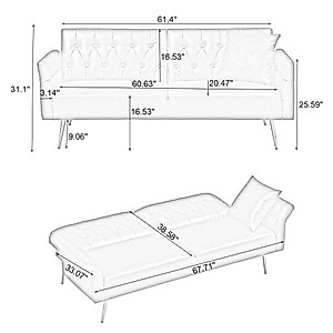Jintop 67.71 Inch Waterproof Faux Leather Upholstered Sleeper Sofa-Bed and Adjustment Armres,Tuffed Button Couch Chaise w/Metal Legs & Pillows,for Dorm,Apartment,Studio,White, 67.71"