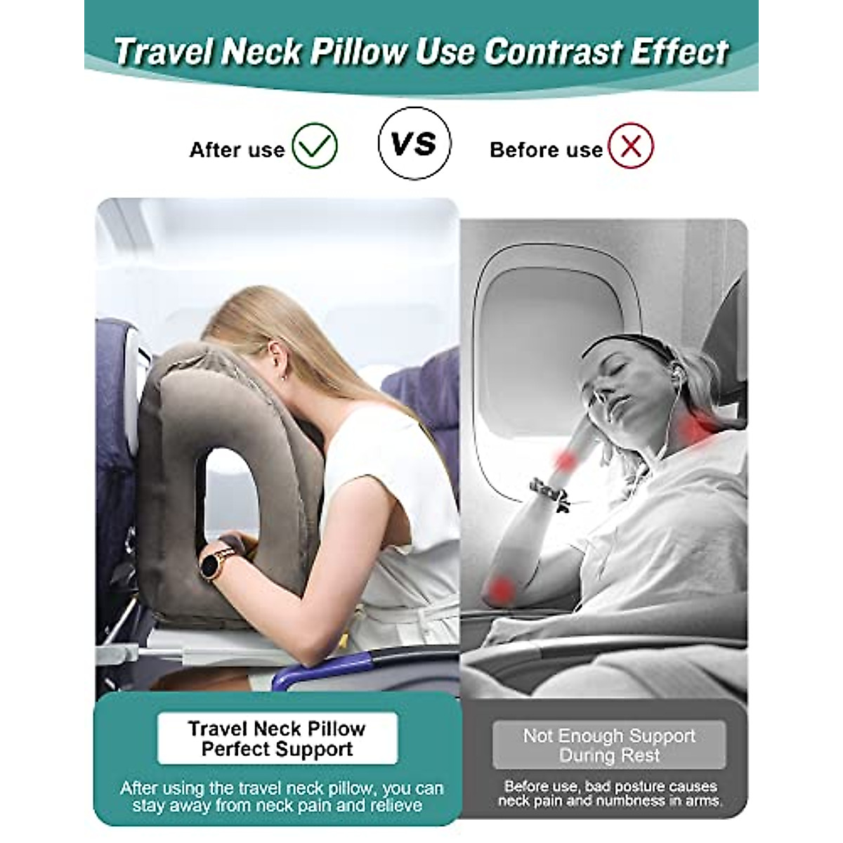 JefDiee Inflatable Travel Pillow, Airplane Neck Pillow Comfortably Supports Head and Chin for Airplanes, Trains, Cars and Office Napping with 3D Eye Mask, Earplugs and Portable Drawstring Bag (Grey)