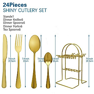 Silverware Set 24 Piece Gold Silverware Flatware Cutlery Set With Stand Include Knife Fork Spoon,Hanging Stainless Steel Utensils Set Service for 6,Dishwasher Safe (gold)