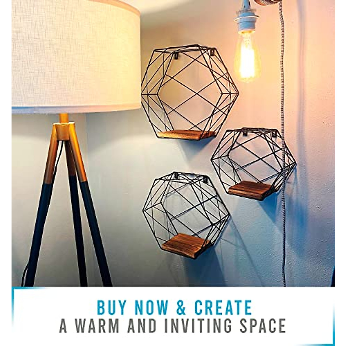 Comfify Industrial Wall Mounted Honeycomb Floating Shelves Set of 3 Decorative Hexagon Metal Wire Shelves – Large, Medium and Small - Modern Shelves for Home, Office and More - Rustic Brown