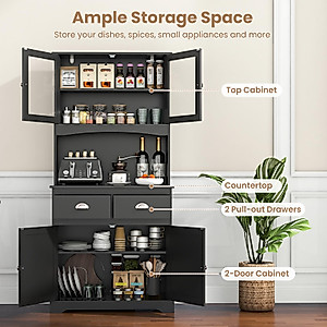 Giantex 67" Pantry Organizers, Freestanding Tall Buffet Cabinet with Hutch and 2 Drawers, Wooden Cupboard with Glass Doors, Storage Sideboard for Kitchen Bathroom Living Room (Black)