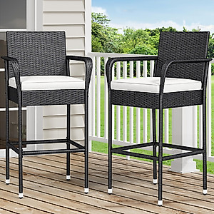 YITAHOME Outdoor Wicker Bar Stools Set of 2, Patio Wicker Counter Stools with Armrest & Backrest, Outdoor Bar Height Chairs with Soft Cushions for Backyard Pool Garden Deck, Black