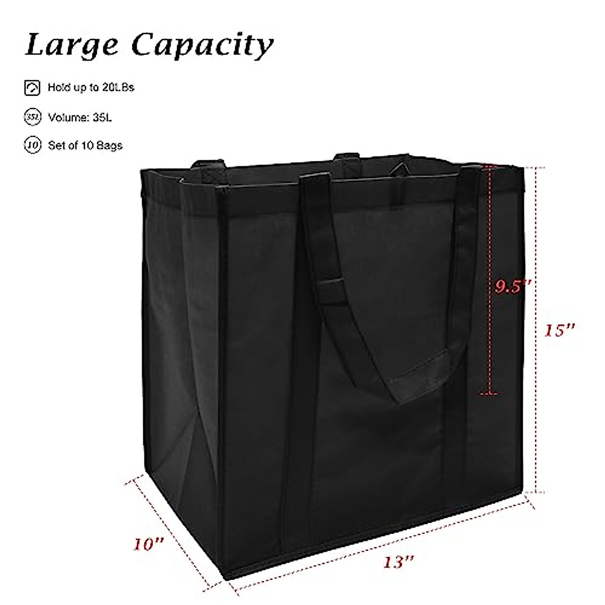Swotiva Reusable Grocery Bags 10 Pack, Eco-Friendly Tote Bags with Reinforced Handle and Removable Bottom, 15"x13"x10" Large Washable Non-woven Shopping Bags for Groceries Gift Parties, Black
