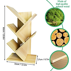 QUMENEY Tree Bookshelf, 5 Shelf Display Bookcase,Tree Bookcase for Books/CDs/Albums/Files Holder, Free Standing Book Shelves Organizer for Office，Bedroom, Living Room (Light Walnut)