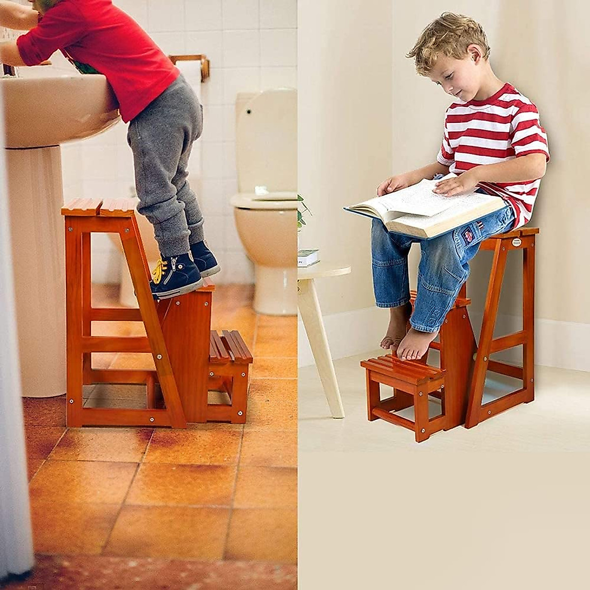Indoor Climbing Stool,Step Ladder Home Step Stools Stairway Chair Step Stool Small Foot Stools Seats Wooden Ladder Staircase Multifunctional Folding Portable Household Closet Step