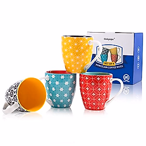 Elekpopu Coffee Mug,16oz Ceramic Large Latte Mugs Set of 4 with Bright Color and Patterns Combination, Porcelain Coffee Cups with Big Handle, Modern Style Kitchen Decor, Housewarming Gift Choice