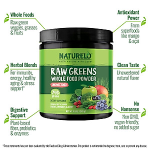 NATURELO Raw Greens Superfood Powder - Unsweetened - Boost Energy, Detox, Enhance Health - Organic Spirulina - Wheat Grass - Whole Food Nutrition from Fruits & Vegetables - 240 Grams