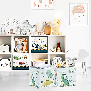 Clastyle 3 Pcs Dinosaur Kid Storage Cube Organizer Set Volcano Dino Closet Clothes Cube Storage Bin Green Nursery Toddler Toy Box Chest Dragon Watercolor Book Shelf Basket
