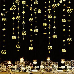 Gold 65th Birthday Decorations Number 65 Circle Dot Twinkle Star Garland Metallic Hanging Streamer Bunting Banner Backdrop for 65 Year Old Birthday Happy 65th Anniversary Sixy Five Party Supplies