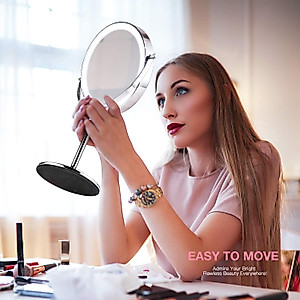 KDKD Lighted Makeup Mirror 7X Magnifying Swivel Vanity Mirror with 72 LED Lights 3 Color Modes, 8 Inch Round Tabletop Standing Polished Chrome Finished Cosmetic Mirror Rechargeable.
