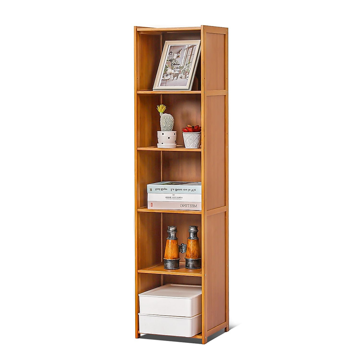 Magshion Bamboo 5-Tier Open Shelf Bookcase, 12" L x 12" W x 49.5" H Brown 5 Cube Organizer Floor Standing Display Storage Shelves Collection Decor Furniture for Home Office Classroom