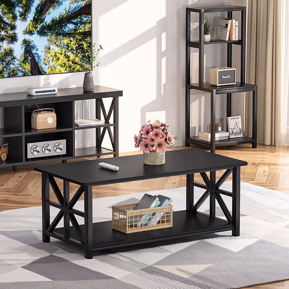 GreenForest Coffee Table with Round Corner, Farmhouse Center Table with 2-Tier Storage Shelf X-Frame Design for Living Room, 39 inch Black