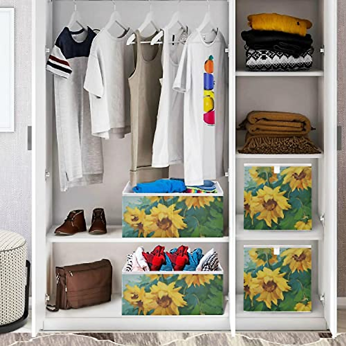 visesunny Closet Baskets Oli Painting Sunflower with Green Leaf Storage Bins Fabric Baskets for Organizing Shelves Foldable Storage Cube Bins for Clothes, Toys, Baby Toiletry, Office Supply