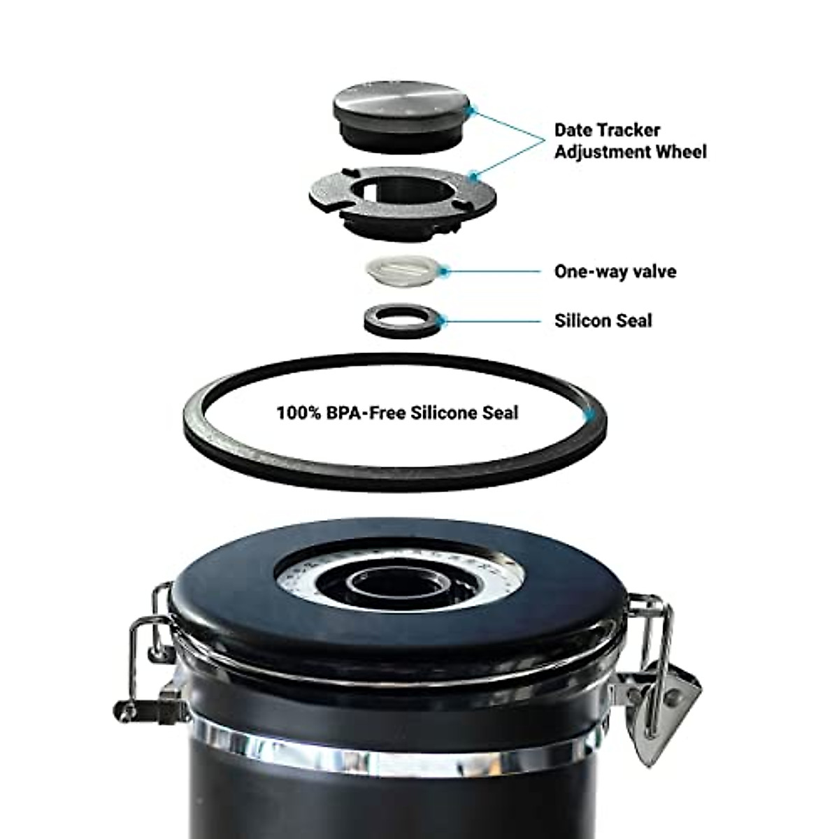 ALPACA VENTURES Stainless Steel Coffee Canister - Airtight Kitchen Food Storage Container with Date Tracker, CO2-Release Valve and Measuring Scoop For Ground Coffee, Beans, Tea, Sugar, Large (Black)