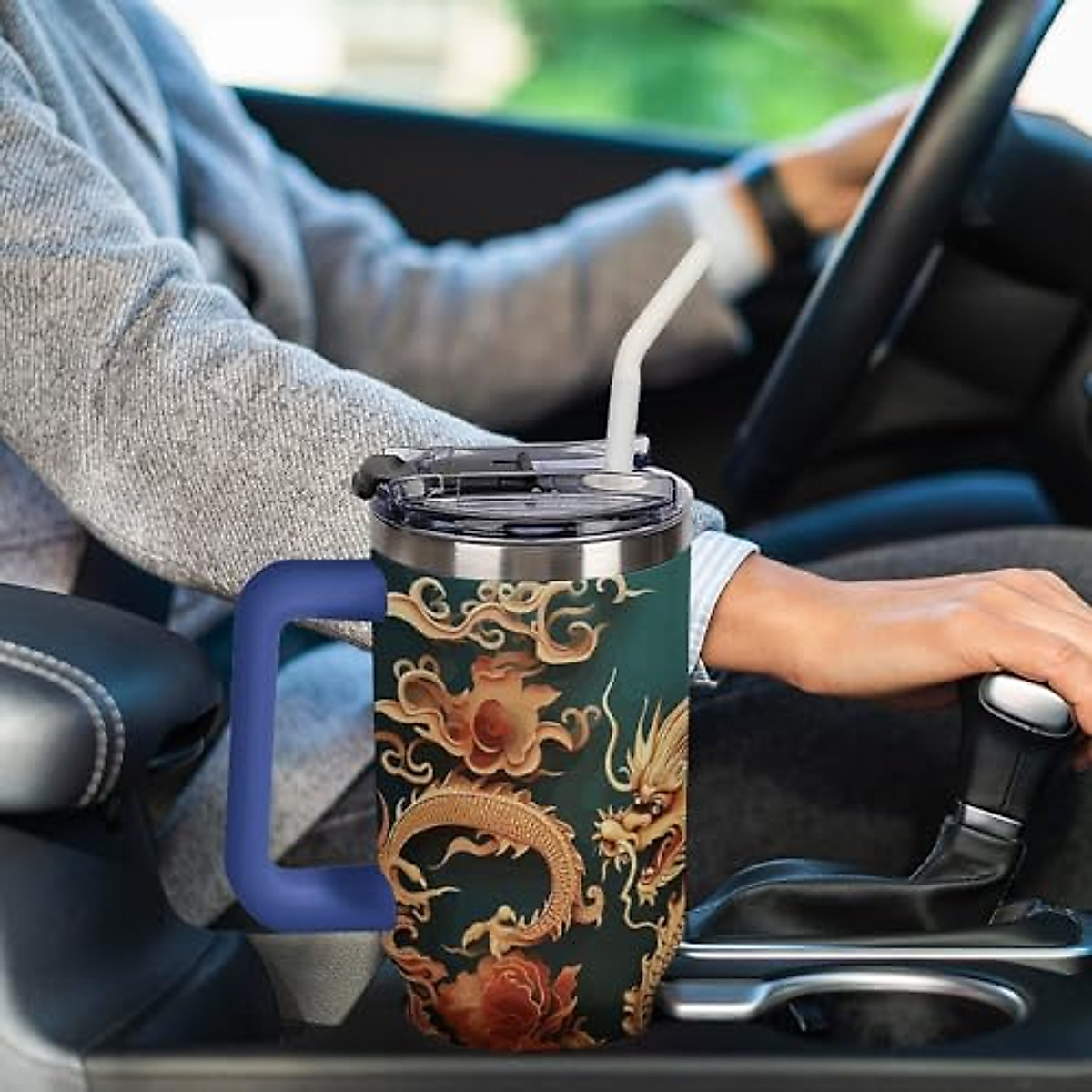 40 Oz Vacuum Tumbler with Deep Blue Handle Leakproof Insulated Tumbler Dragon Chinese Background Stainless Steel Travel Mug with Lid And Straw Coffee Cup Cute Water Bottles Cup Holder Friendly