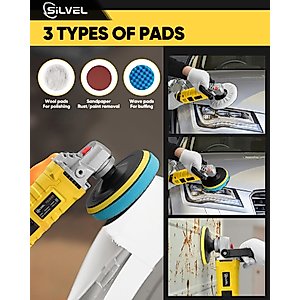 SILVEL Buffer Polisher, 1600W 7 Inch/6 Inch Polisher for Car Detailing, Wax Machine, 7 Variable Speed, with 6 Foam Pads, 3 Wool Pads, Packaging Bag, for Boat Polishing and Waxing