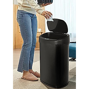 BIQWBIC 50L/13Gal Automatic Trash Can for Home and Kitchen, Large Stainless Steel Kitchen Trash Can Motion Sensor Garbage Can Fingerprint-Resistant Trash Cans, Soft Close Lid (Black)