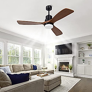 ghicc Ceiling Fans with Lights and Remote Modern Ceiling Fans with 3 Walnut Wood Blades, Indoor/Outdoor Ceiling Fans for Patios Farmhouse Bedroom，42"， Matte Black