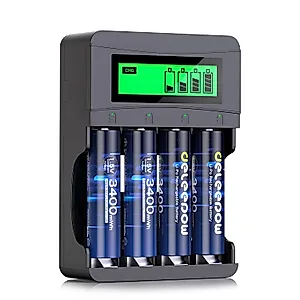 Deleepow Rechargeable AA Batteries with Charger, 3400mWh 1.5V, 2H Fast Charge Long Lasting for Household, Cordless Phones, Remote Controls, Electronics, 4 Packs