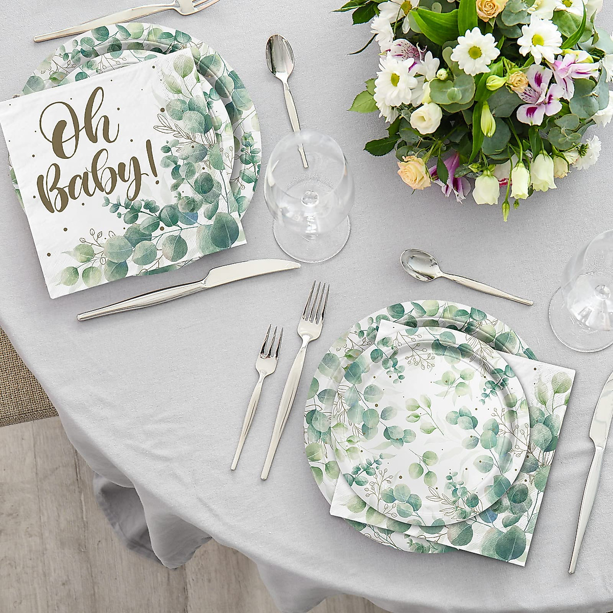Sage Greenery Baby Shower Party Supplies Disposable Paper Plates Napkins Cups and Tablecloth for Boho Greency Party Decorations, Serve 25.