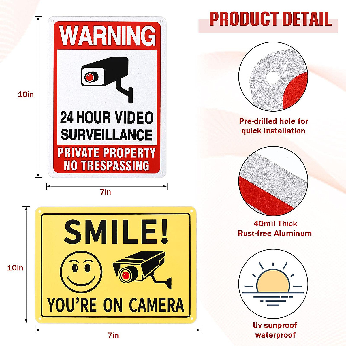 4 Pieces Smile You're On Camera Sign and Private Property No Trespassing Sign Video Surveillance Signs UV Printed 40 Mil Rust Aluminum Security Camera Sign for Home Business (Simple Style)