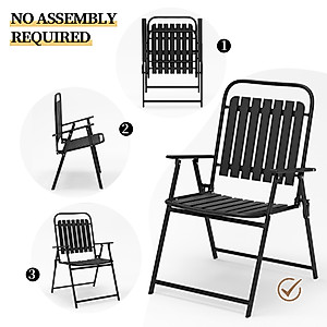 PIZZELLO Patio Folding Chairs Set of 4, Outdoor Foldable Dining Chairs with Armrests and High Back, All-Weather Portable Lawn Chair Sets for Garden Porch Poolside Deck, No Assembly Required, Black