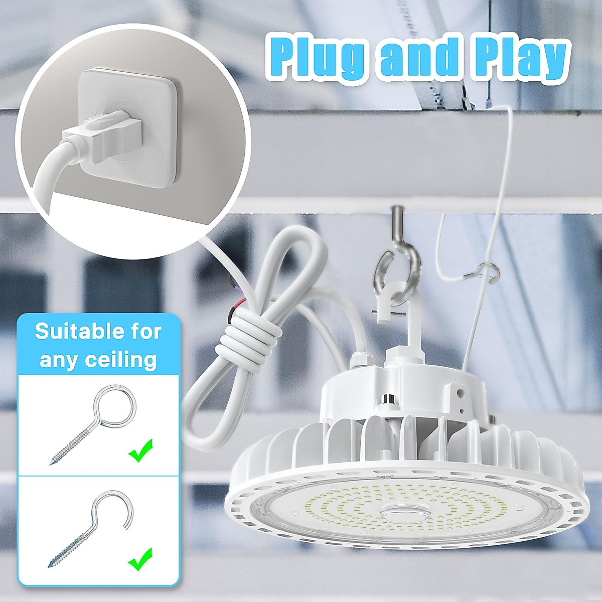 HYPERLITE High Bay Led Lights 250W 35,000LM(140lm/w) 4000K CRI>80 1-10V Dimmable 5' Cable with 110V Plug Hanging Hook Safe Rope UL Listed High Bay Led Lighting for Stadium Exhibition Hall