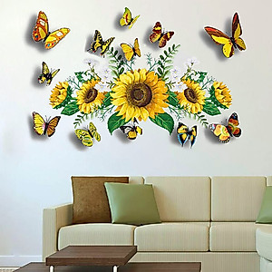 Sunflower Wall Stickers with 3D Butterfly Wall Sticker, Yellow Flowers Wall Decal,SPRT Waterproof and Removable, Sunflower Wall Stickers,Wall Stickers for Bedroom Living Room Bathroom Decor