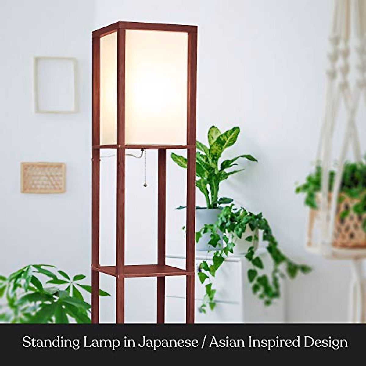 Brightech Maxwell - Modern Shelf Floor Lamp with Lamp Shade and LED Bulb - Corner Display Floor Lamps with Shelves for Living Room, Bedroom and Office - Walnut Brown