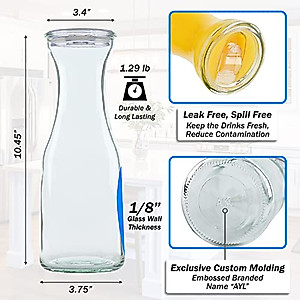 AYL Set of 4 Glass Carafe with Lids, 1 Liter Water Pitcher Beverage Serveware Carafe, Clear Glass Pitcher for Mimosa Bar, Cold Water, Brunch, Wine, Juice, Milk, Iced Tea, Lemonade,1 Hand Pour Lid
