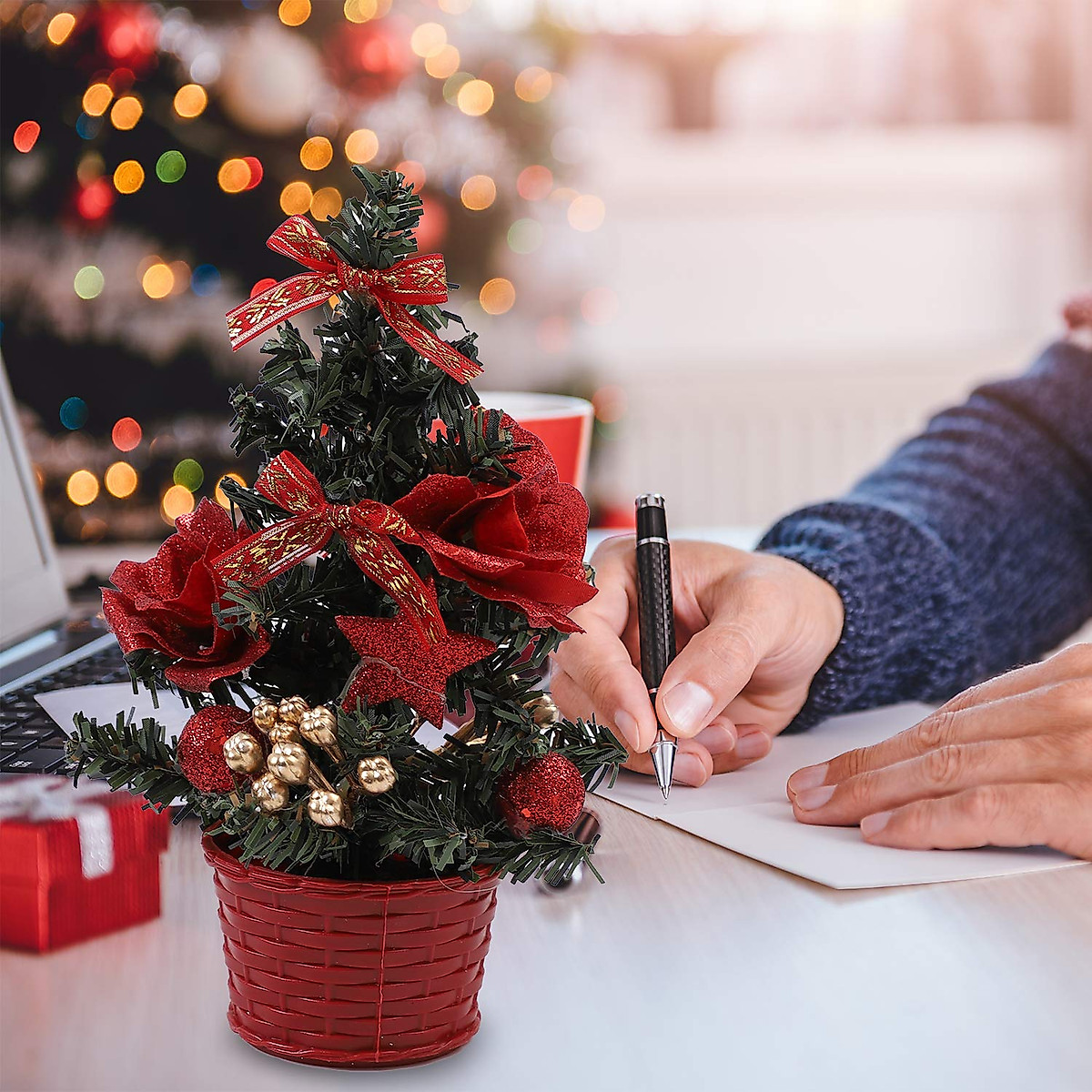 URATOT 3 Pack Small Christmas Desk Tree Mini Christmas Tree with Base for Desk Table Tops Christmas Decoration