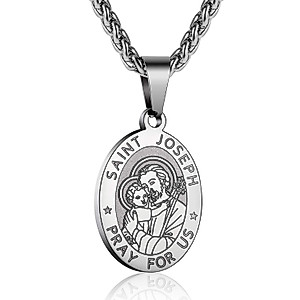 Zocomi Silver Saint St Joseph Medal Necklace for Men Boys, St. Joseph Pendant Chain Jewelry Catholic Christian Religious Baptism First Communion Confirmation Gifts Teenage Age Kids
