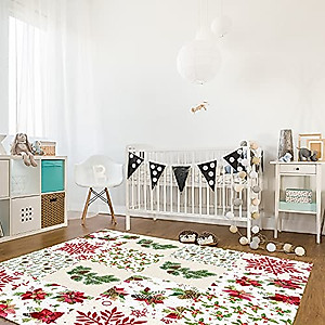 Indoor Area Rug - Welcome Mat Living Room Area Rugs Washable Non-Slip Floor Carpet for Bedroom Farmhouse Dorm (Farmhouse Christmas Snowflake Pine Needle Poinsettia, 2'x3')