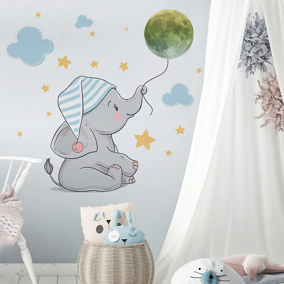 Lovely Elephant with Night Cap Wall Stickers, Luminous Moon Wall Decals, Cloud Star Cartoon Wall Decors, Removable DIY Art Wall Mural for Kids Bedroom, Nursery, Home Decoration