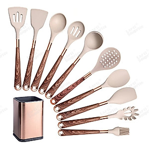 Chef Kitchen Cooking Utensils Set, Non-Stick Silicone Cooking Kitchen Utensil Set with Holder, Wooden Handle Silicone Kitchen Gadgets Utensil Set (OakWood)